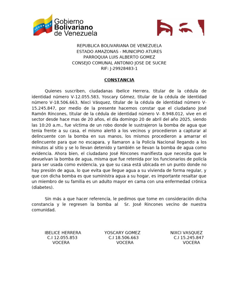 Constancia Jose Rincones | PDF