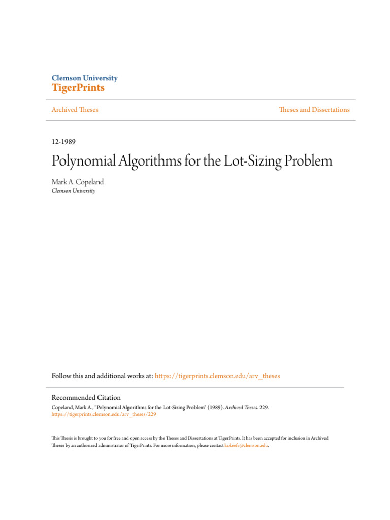 Polynomial Algorithms For The Lot Sizing Problem | PDF
