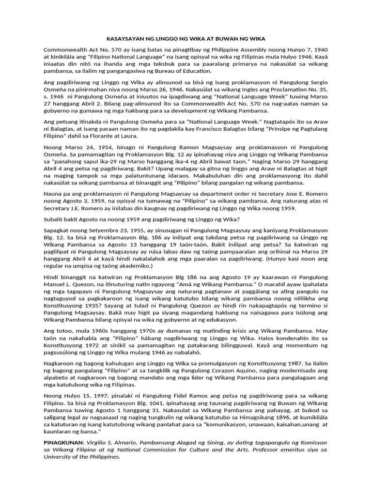 MLQ Kasaysayan NG Linggo NG Wika at Buwan NG Wika at Si Quezon Ama NG Wikang Pambansa | PDF