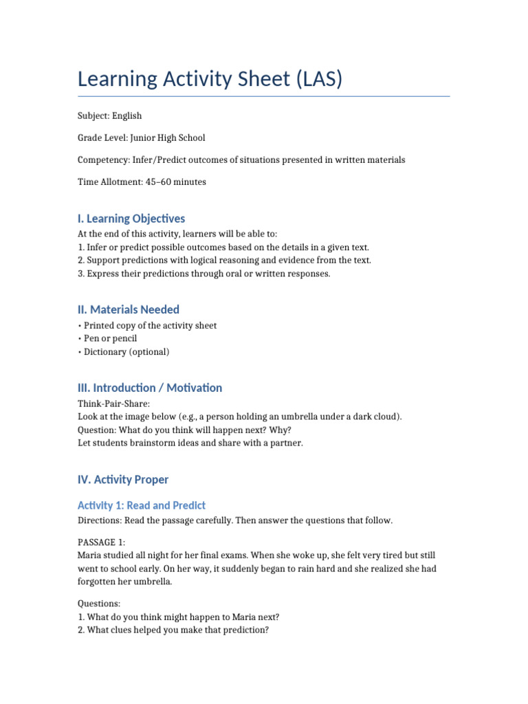 Learning Activity Sheet Inferencing JHS | PDF | Inference | Cognition
