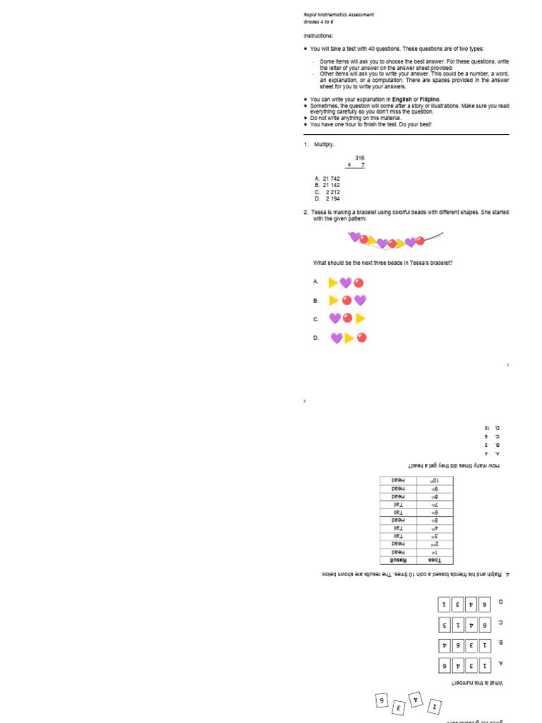 Rapid Mathematics Assessment Grades 4 to 6 Booklet | PDF
