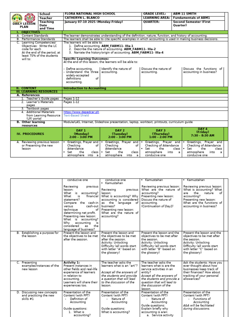 ABM 11 Accounting Lesson Plan | PDF | Teachers | Accounting