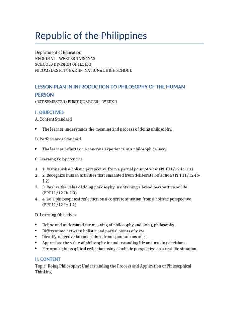 Philosophy Lesson Plan Overview | PDF | Learning | Teachers