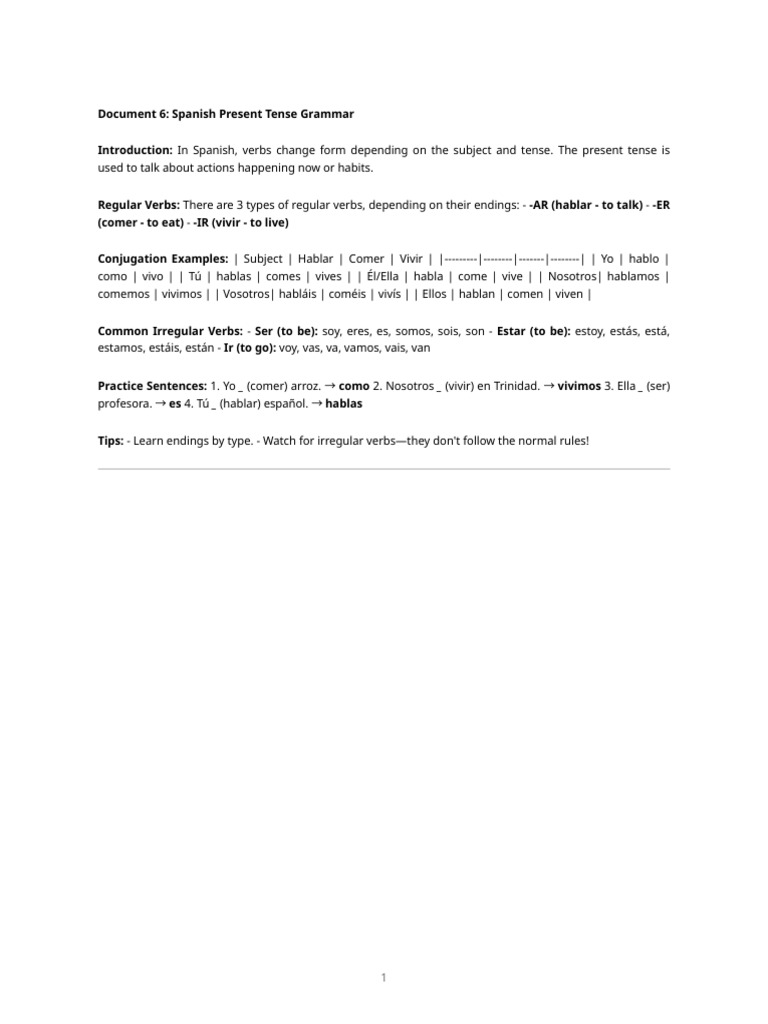 Spanish Present Tense Grammar | PDF