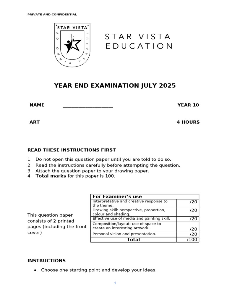 Y10 - Exam Paper (Art) Term 3 - 2025 | PDF