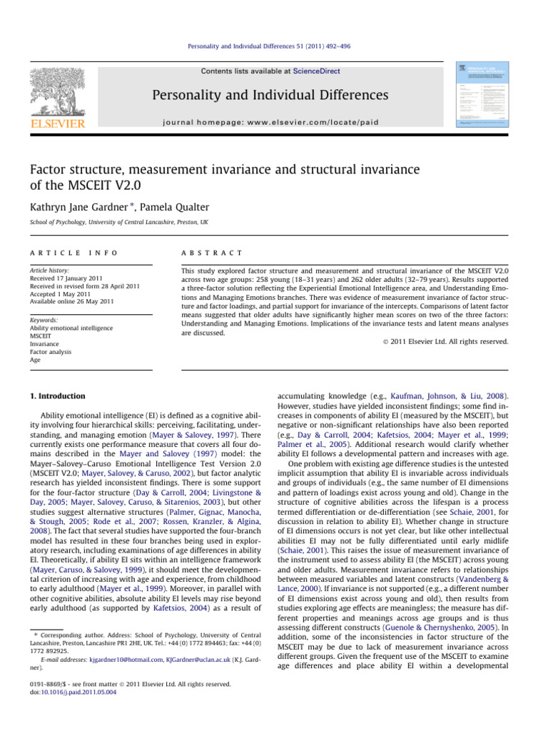 Factor Structure, Measurement Invariance and Structural Invariance of The MSCEIT V2 | PDF ...