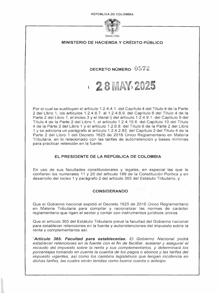 Decreto 0572 Del 28 de Mayo de 2025 | PDF | Impuestos