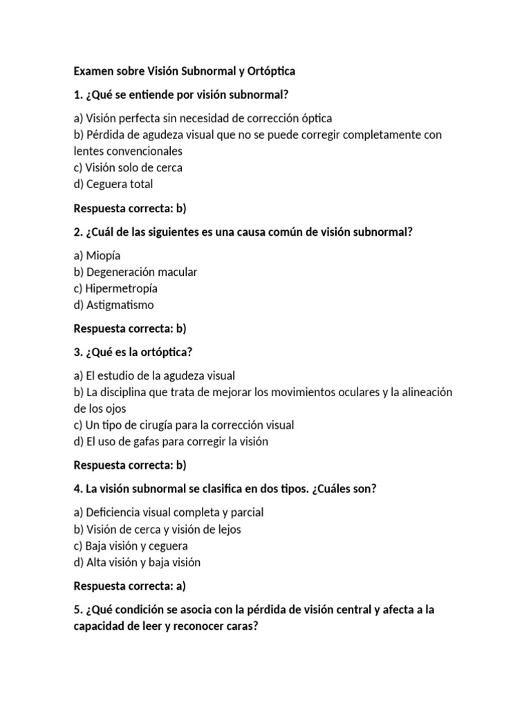 Examen Sobre Visión Subnormal y Ortóptica | PDF | Ojo humano | Lentes