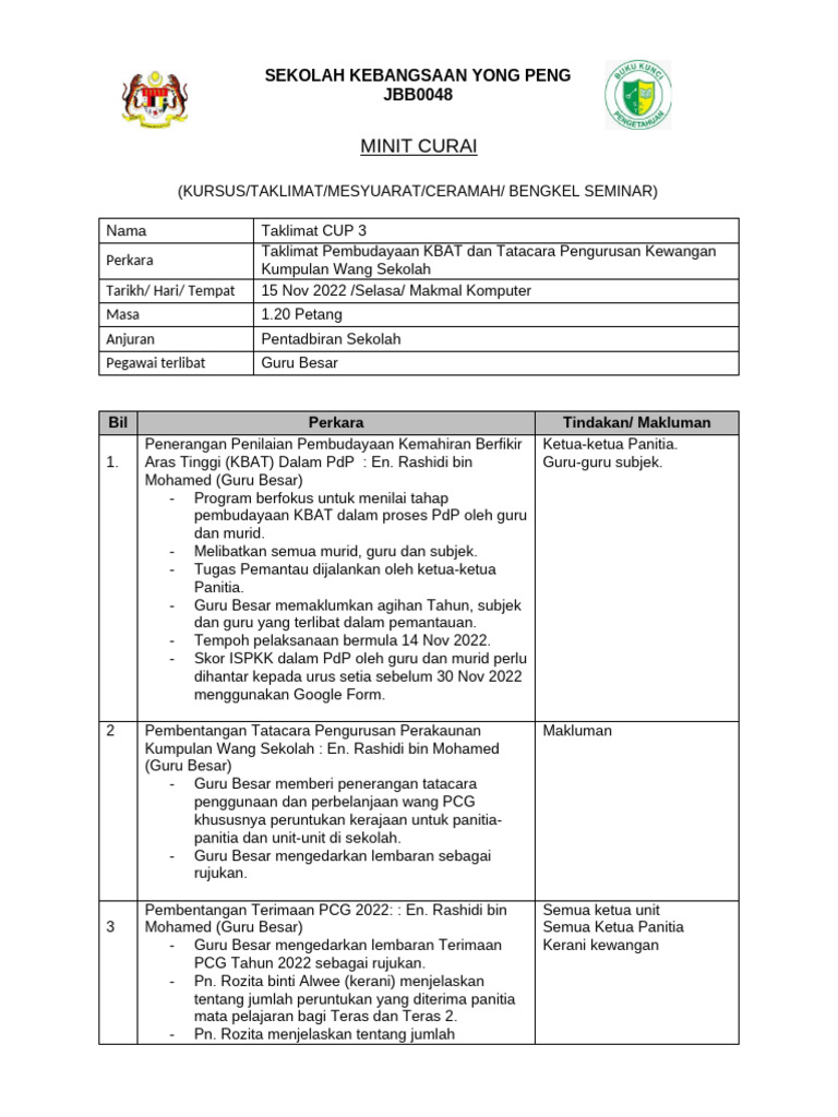 CONTOH MINIT CURAI | PDF