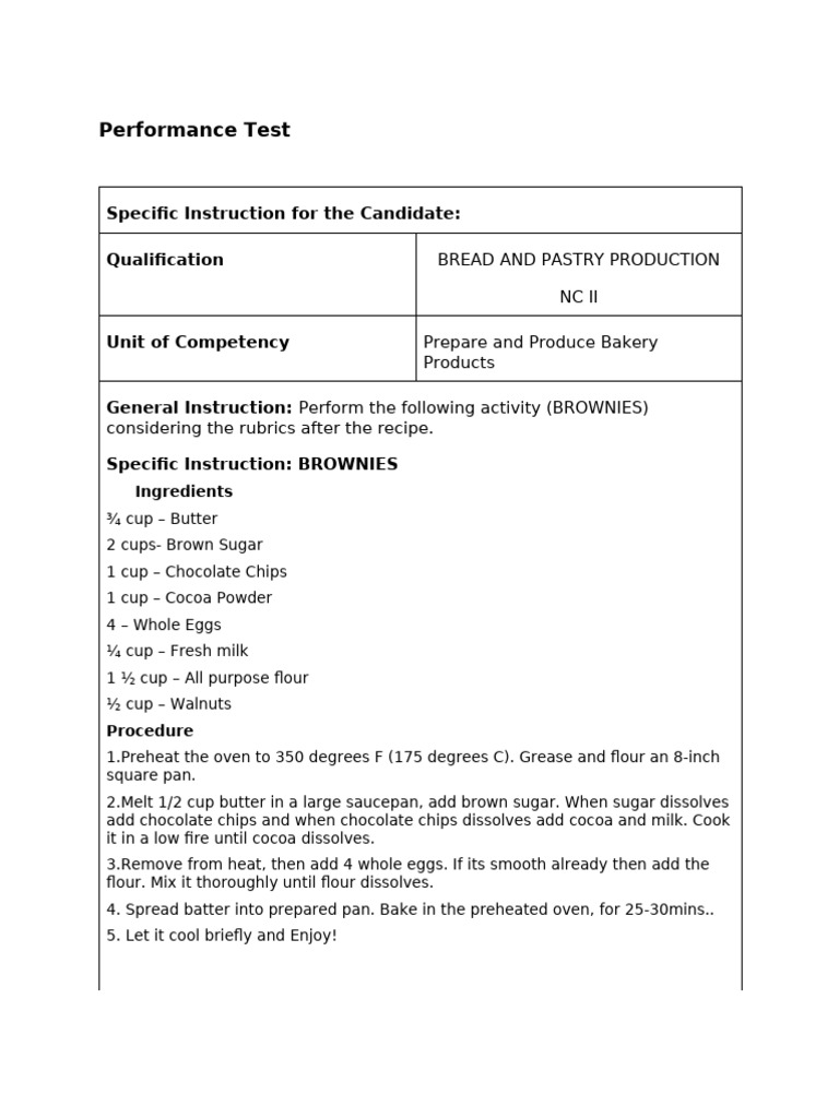 Brownies Recipe and Performance Test Guide | PDF