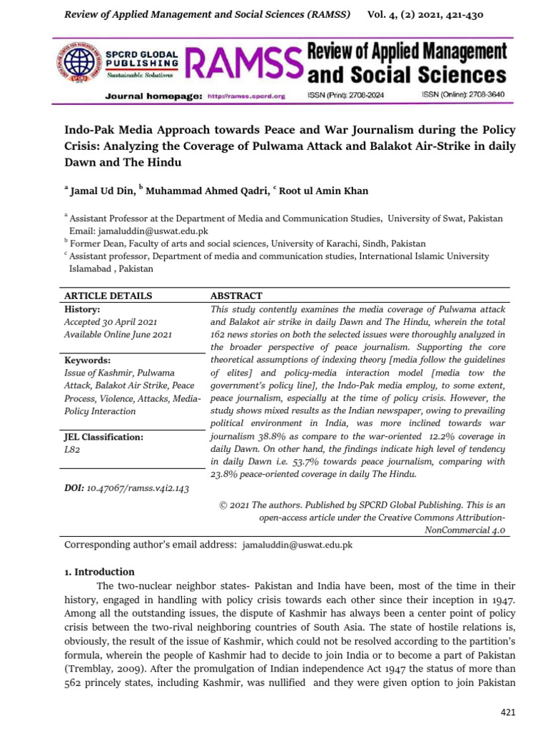 Indo-Pak Media Approach Towards Peace and War Journalism During The ...