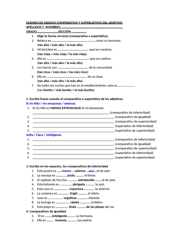 Examen de Comparativo y Superlativo Adjetivos | PDF