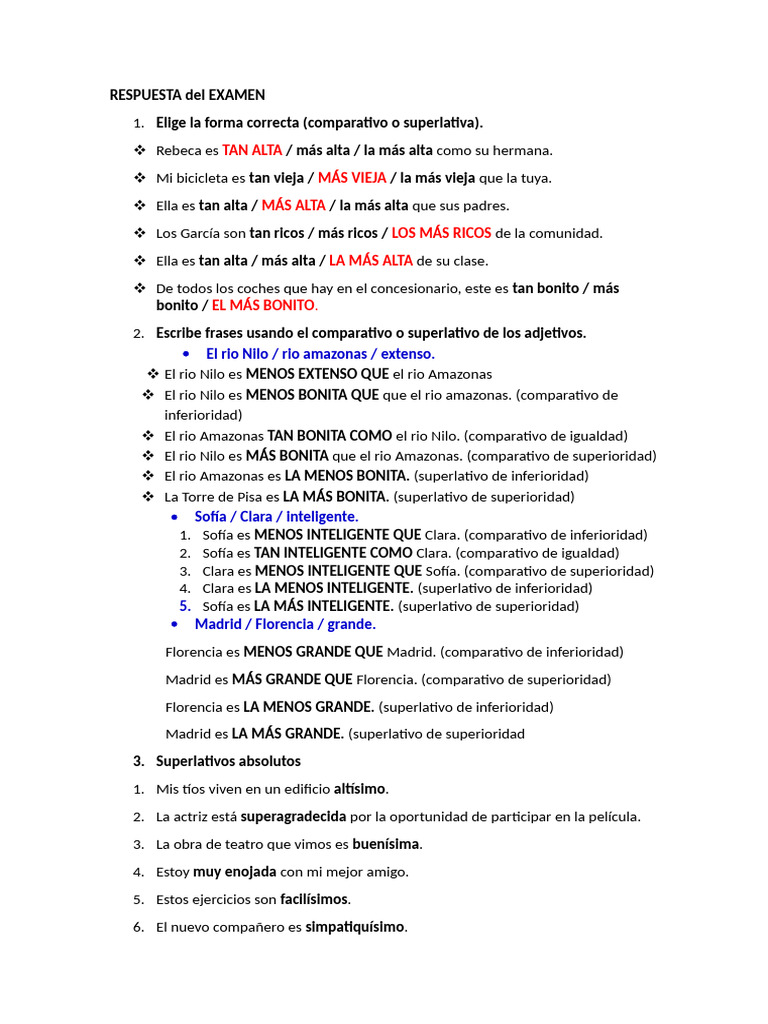 Respuestas Ejercicios Comparativo y Superlativo Adjetivos | PDF