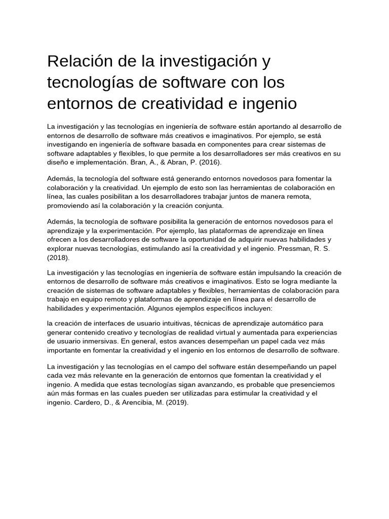 Relación de La Investigación y Tecnologías de Software Con Los Entornos de Creatividad e Ingenio ...