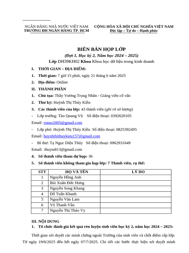 Biên Bản SH Lớp Đợt 2, HK2, NH 2024 - 2025 | PDF
