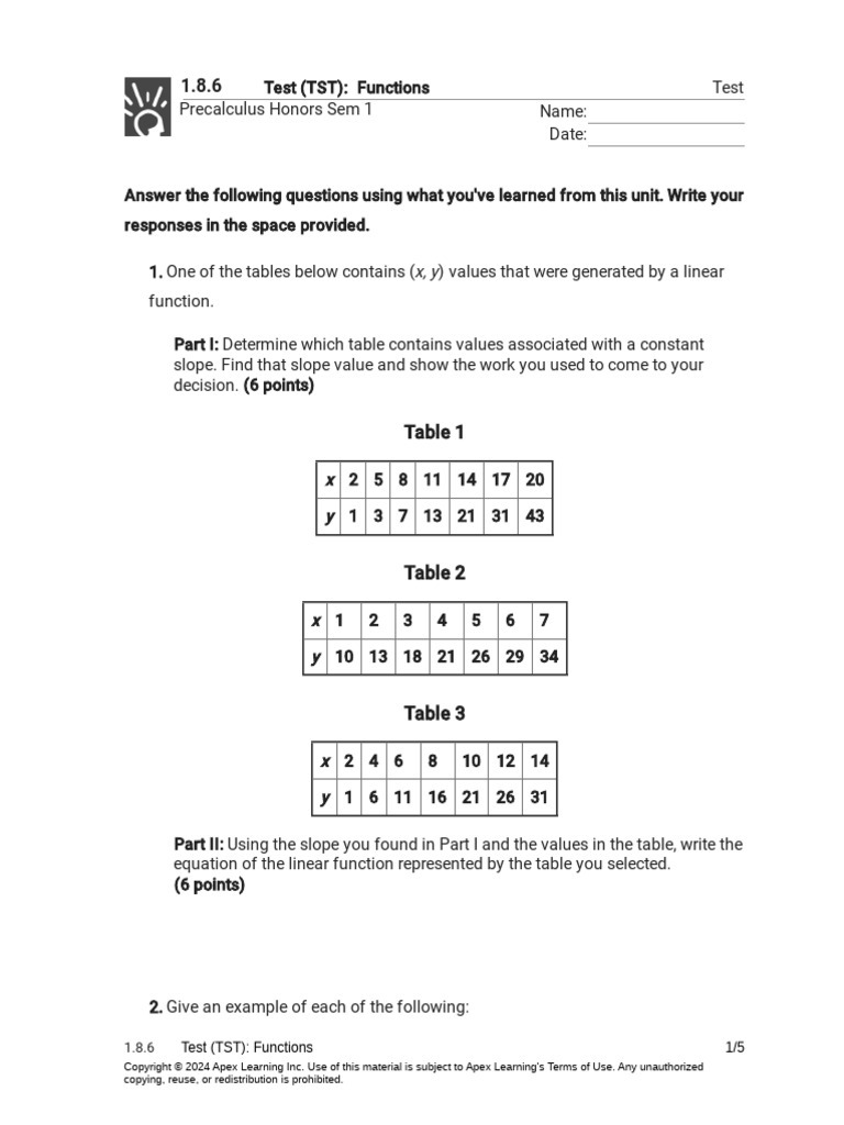 Functions Test for Precalculus Students | PDF | Function (Mathematics ...