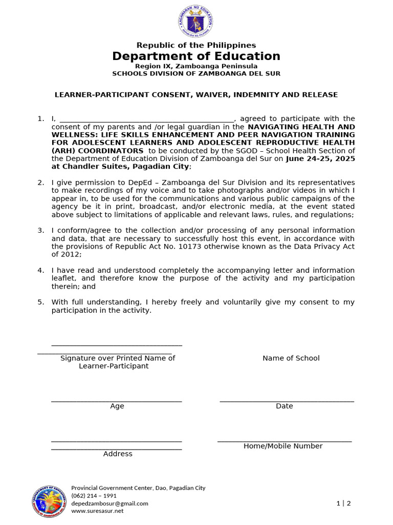 Learner-Participant Consent, Waiver, Indemnity and Release | PDF | Consent