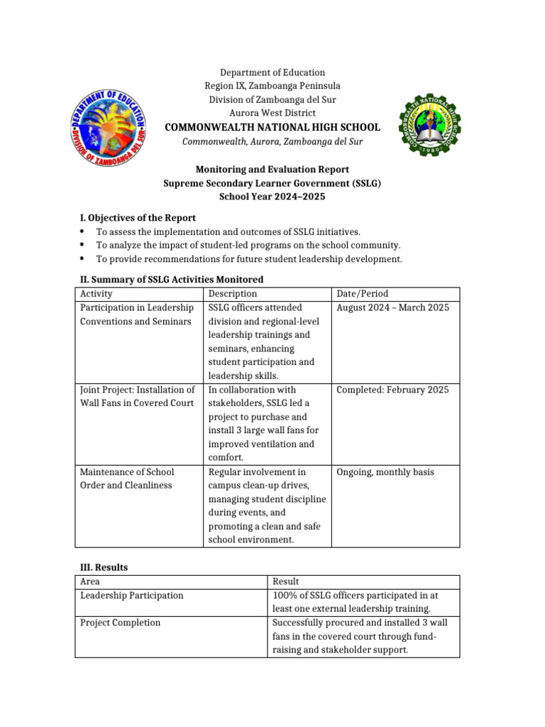 SSLG Monitoring and Evaluation Report SY2024-2025 | PDF | Monitoring And Evaluation | Leadership