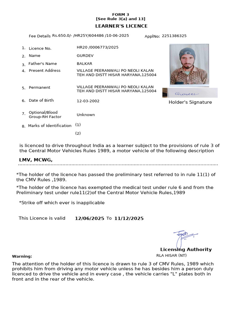 Learner'S Licence: Form 3 (See Rule 3 (A) and 13) | PDF