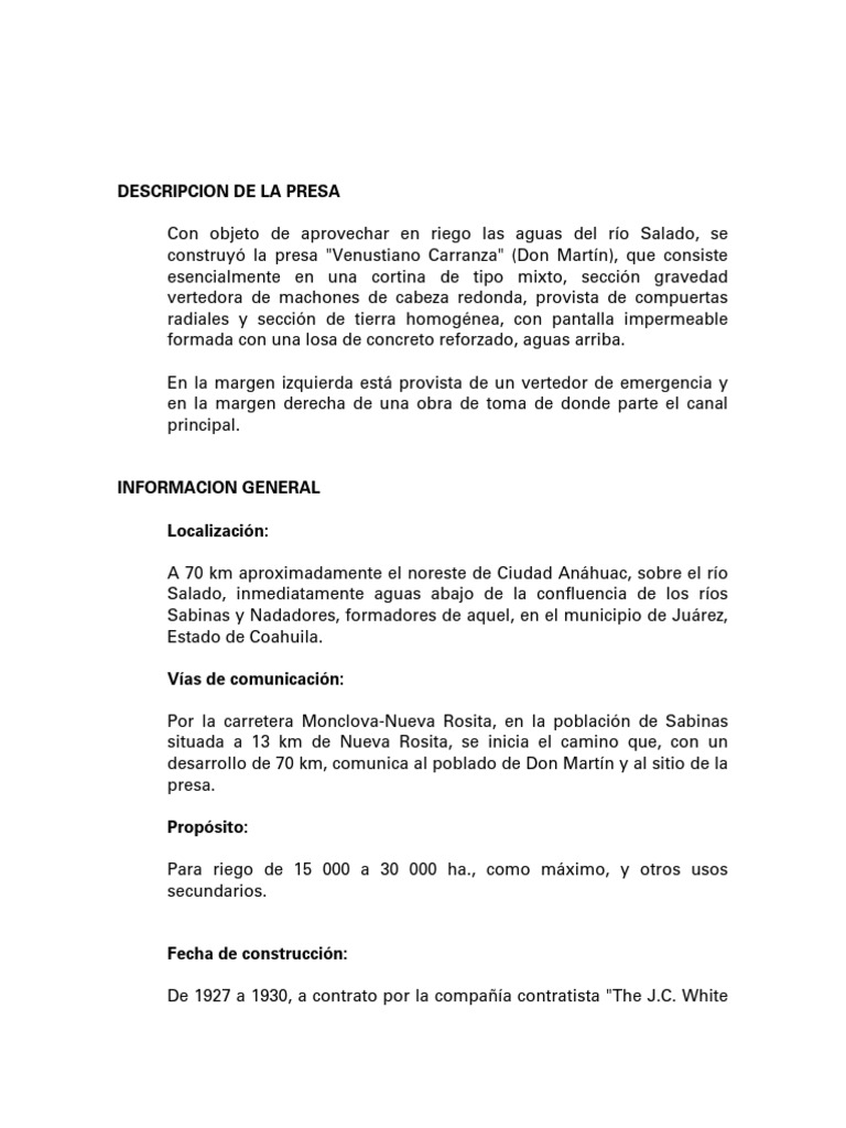 Presa Venustiano Carranza en Coahuila | PDF | Represa | Hormigón