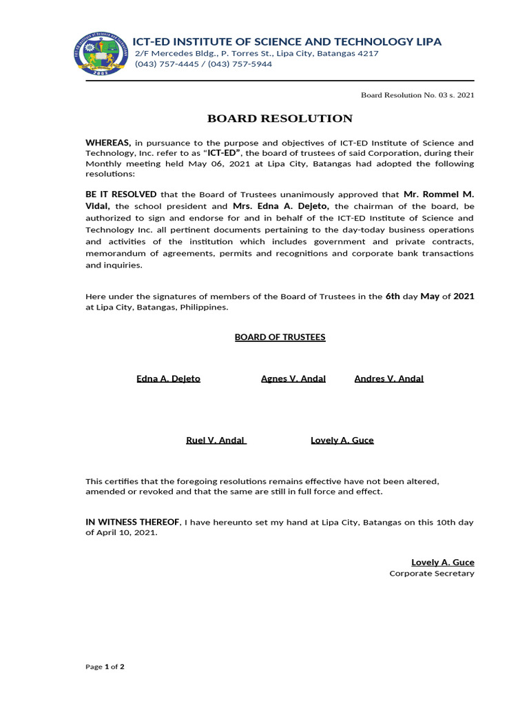 Board Resolution Designating Signatories | PDF