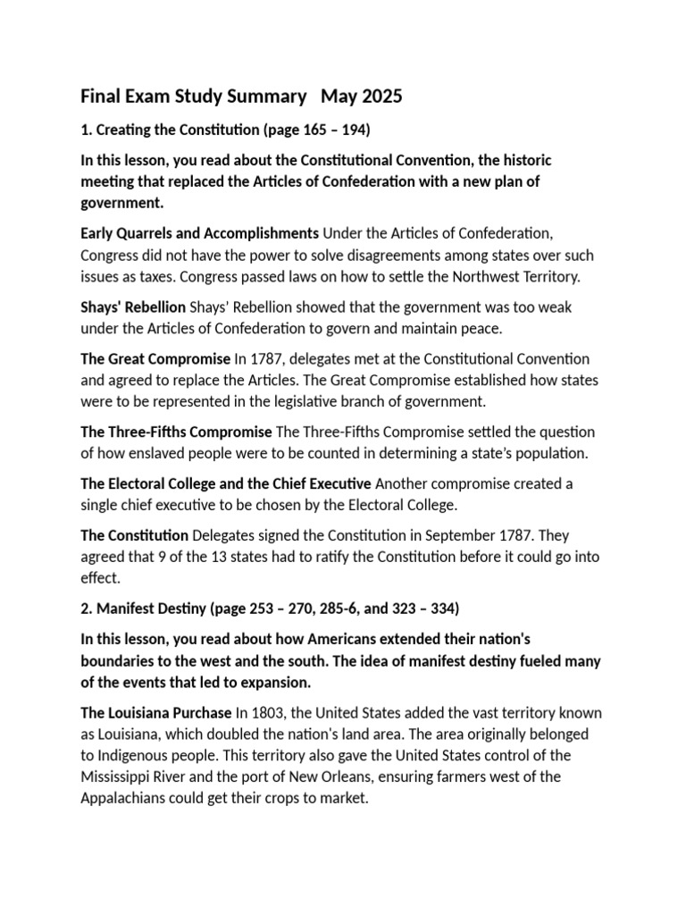 Final Exam Study Summary May 2025 | PDF | Reconstruction Era | Slavery ...