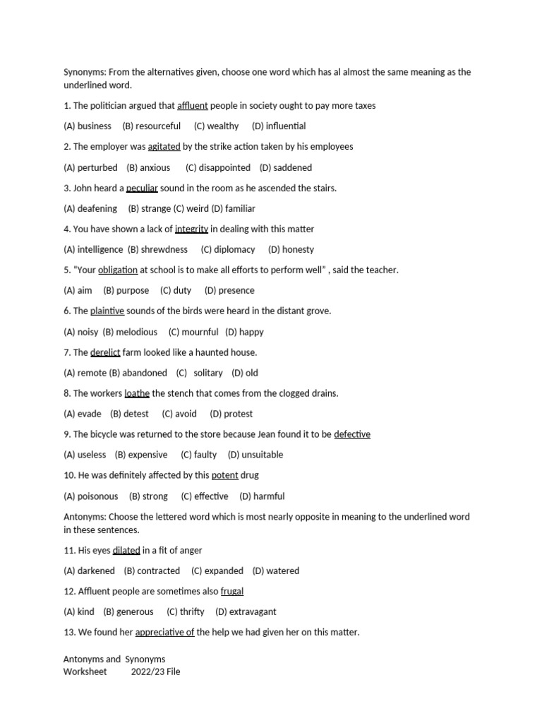 Synonyms and Antonyms Worksheet | PDF