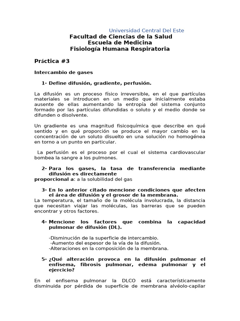 Intercambio de Gases. Pract. 3 | PDF | Difusión | Pulmón