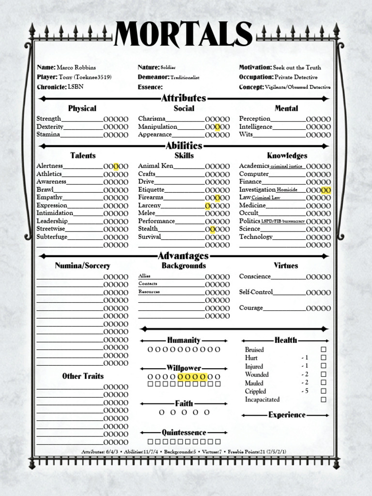 Hunter Character Sheet - Marco Robbins - Toeknee3519 | PDF