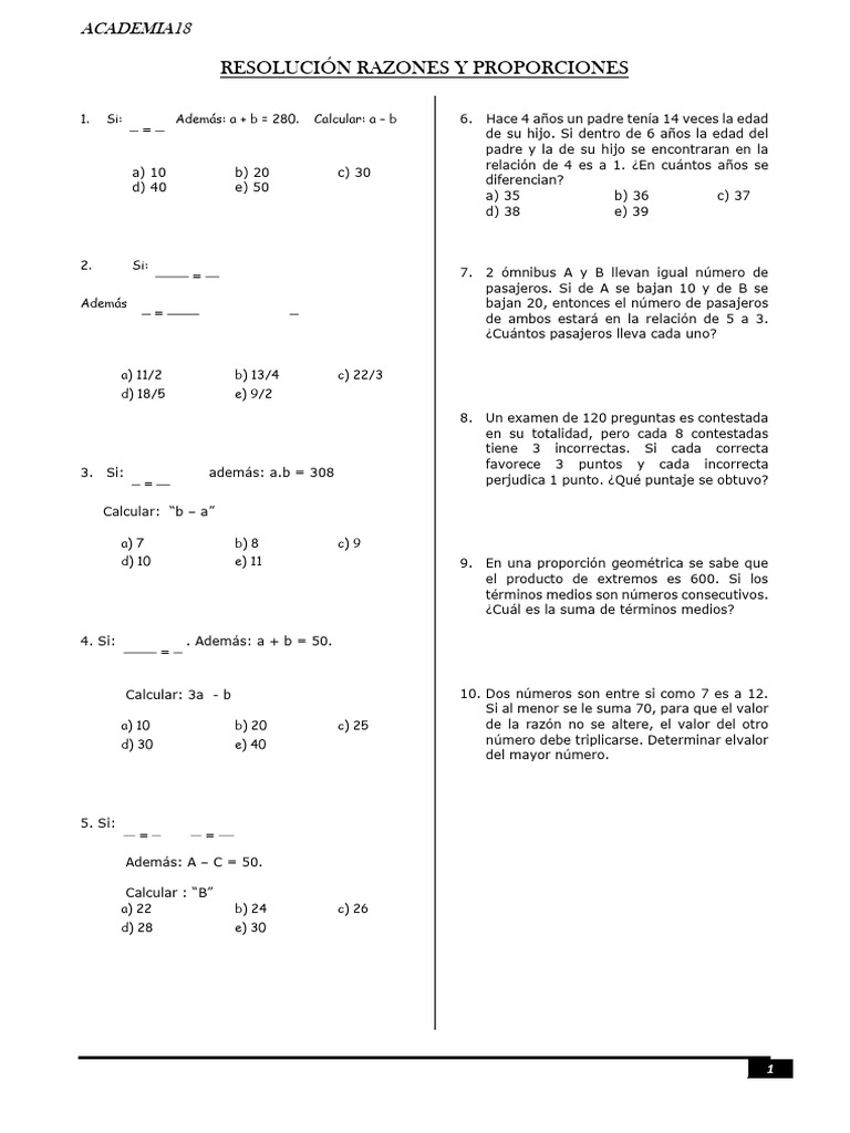 Ejercicios de Razones y Proporciones | PDF