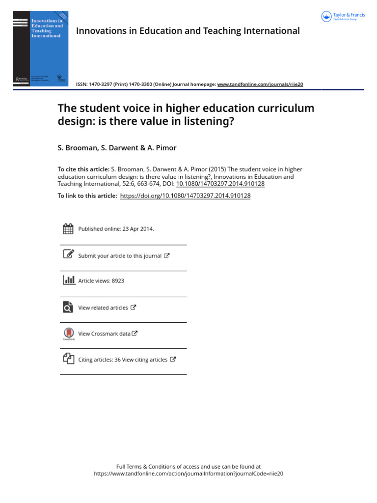 WOS The Student Voice in Higher Education Curriculum Design Is There ...