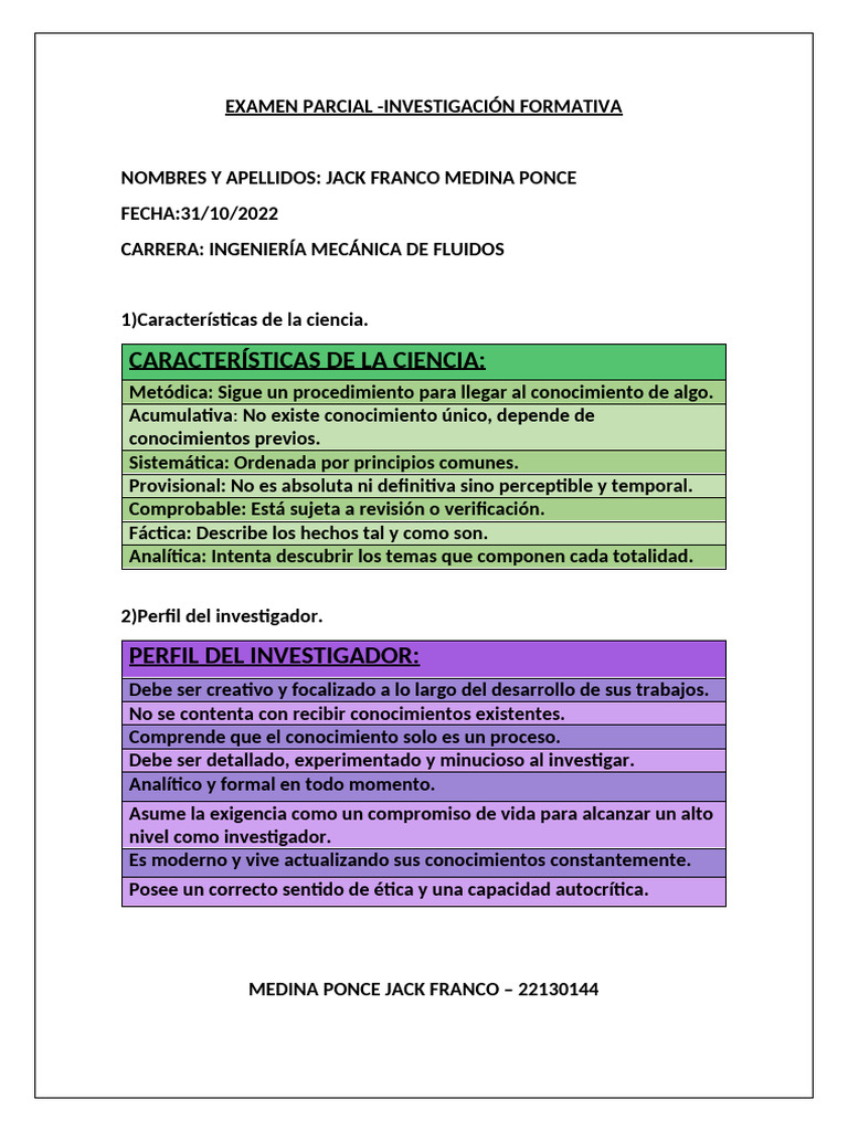 Medina Ponce Jack-Examen Parcial - Investigación Formativa | PDF | Conocimiento | Moralidad