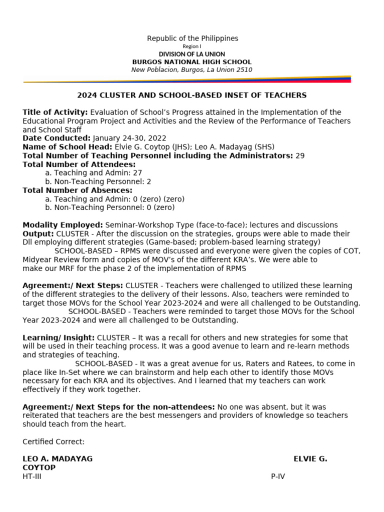 2024 CLUSTER ANS SCHOOL-BASED INSET OF TEACHERS' Report | PDF ...