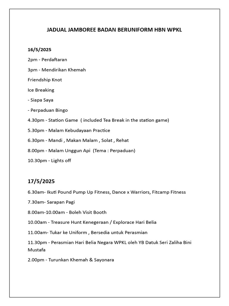 Jadual Jamboree Badan Beruniform HBN WPKL | PDF