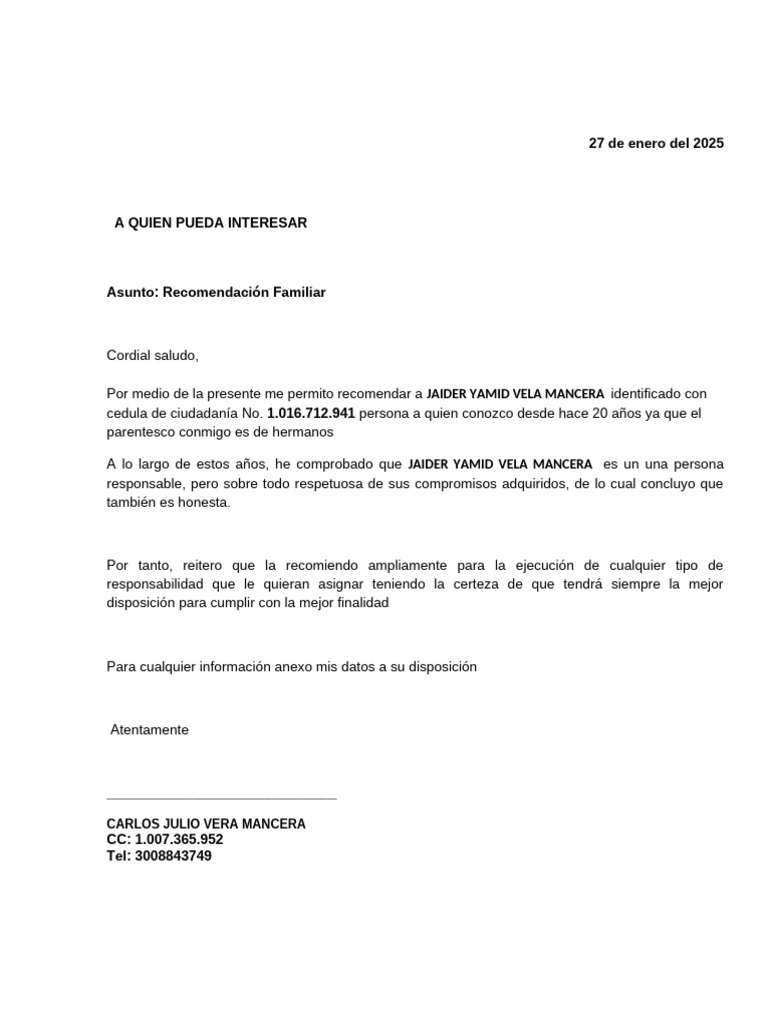 2 8 Modelo de Carta de Recomendacion Familiar 55 | PDF | Internet ...