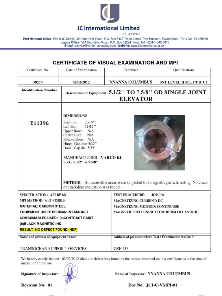 International Limited: Certificate of Visual Examination and Mpi | PDF ...