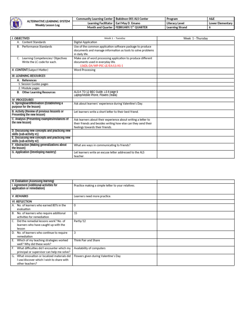 WLL For LS6 Lower Elementary | PDF | Learning | Teachers