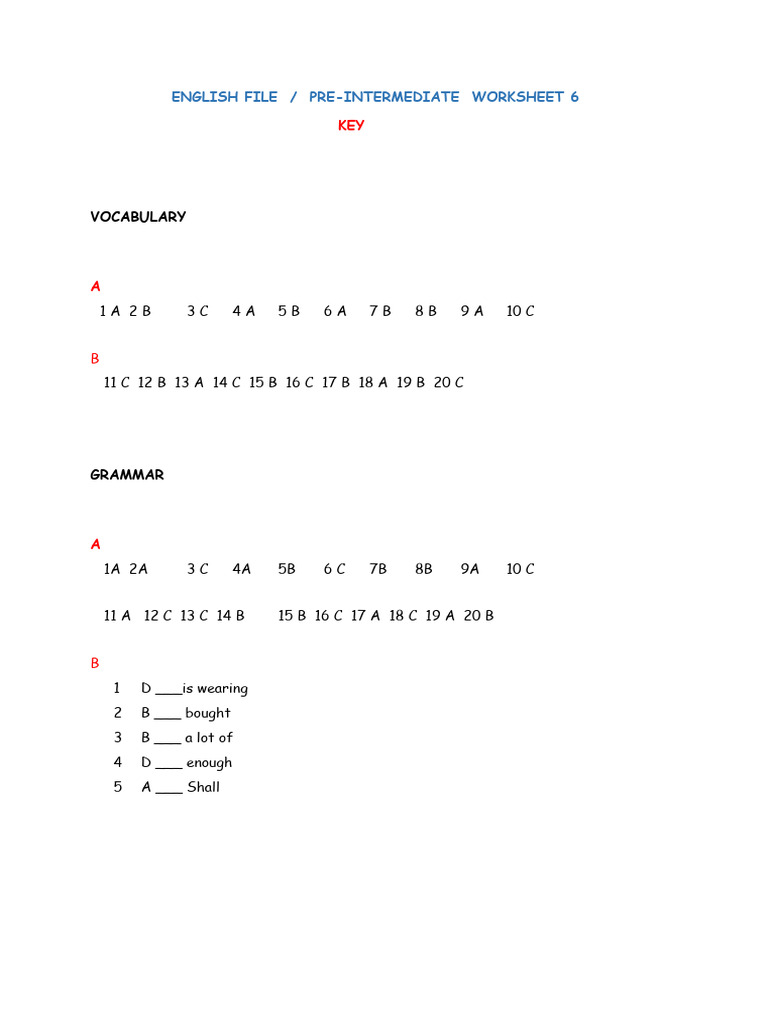 English File Pre - Intermediate Unit 6 Answer Key | PDF
