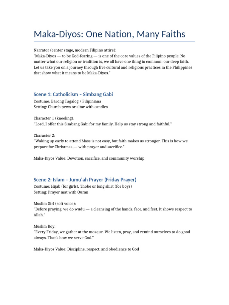 Maka Diyos 5 Cultural Practices Script | PDF | Worship | Prayer