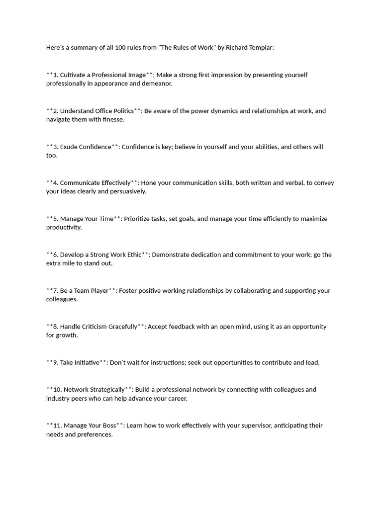 Summary of Templar's Work Rules | PDF | Psychological Resilience ...