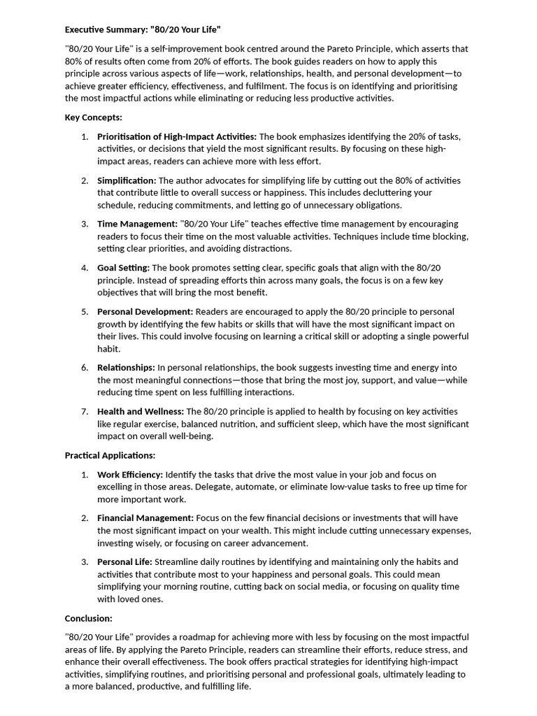 Executive Summary of Book 80-20 Your Life | PDF | Time Management ...
