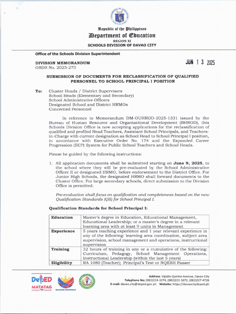 Osds-2025-Dm No. 270 - Submission of Documents For Reclassification of Qualified Personnel To ...