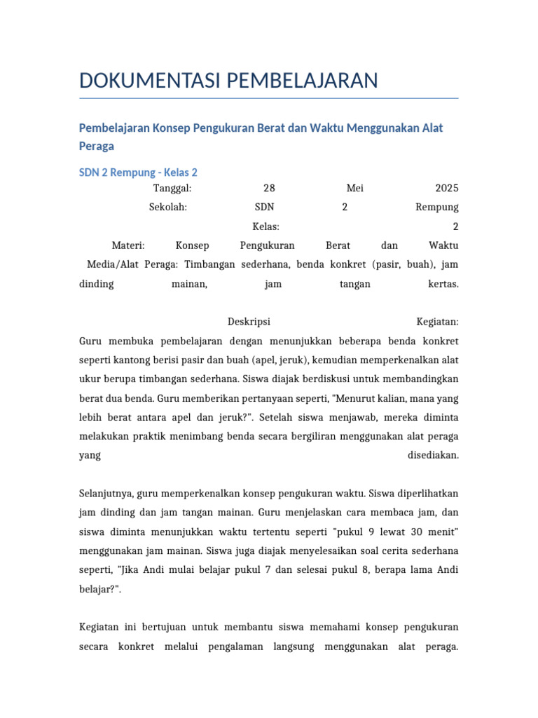 Dokumentasi Pembelajaran Kelas2 Pengukuran Berat Waktu-1 | PDF