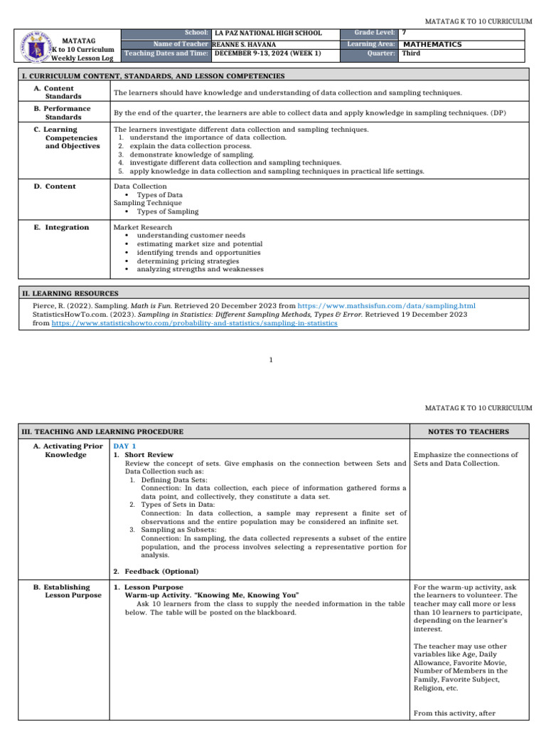 DLL Matatag - Mathematics 7 q3 w1 | PDF | Sampling (Statistics) | Survey Methodology
