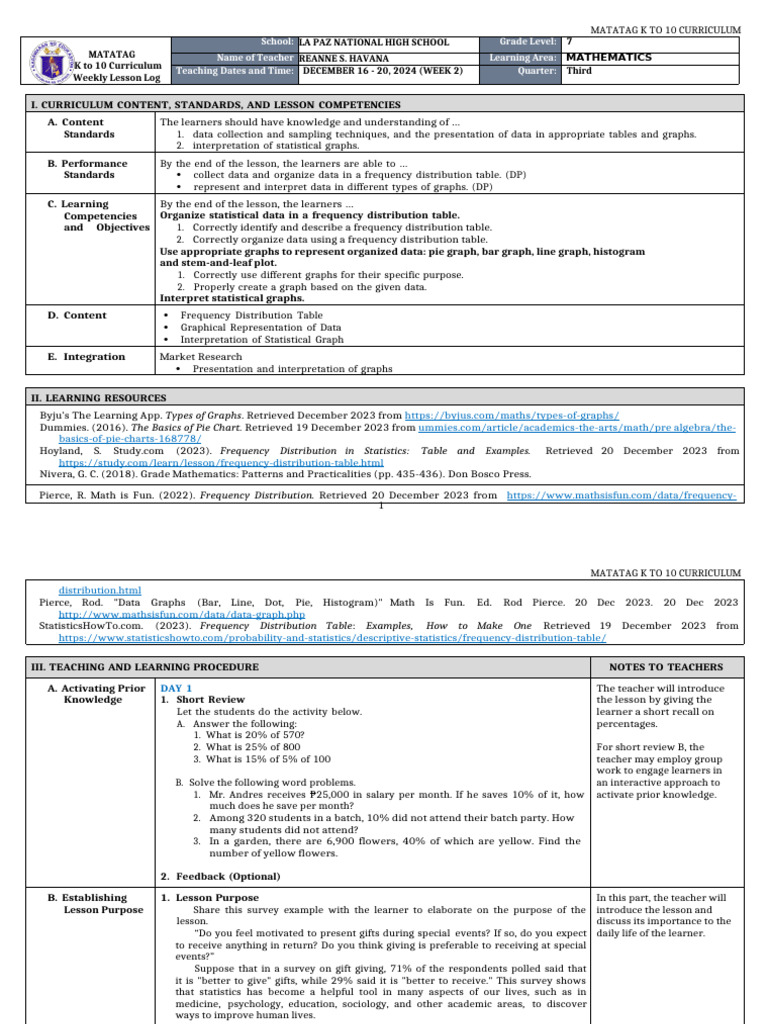 DLL Matatag - Mathematics 7 q3 w2 | PDF | Pie Chart | Learning