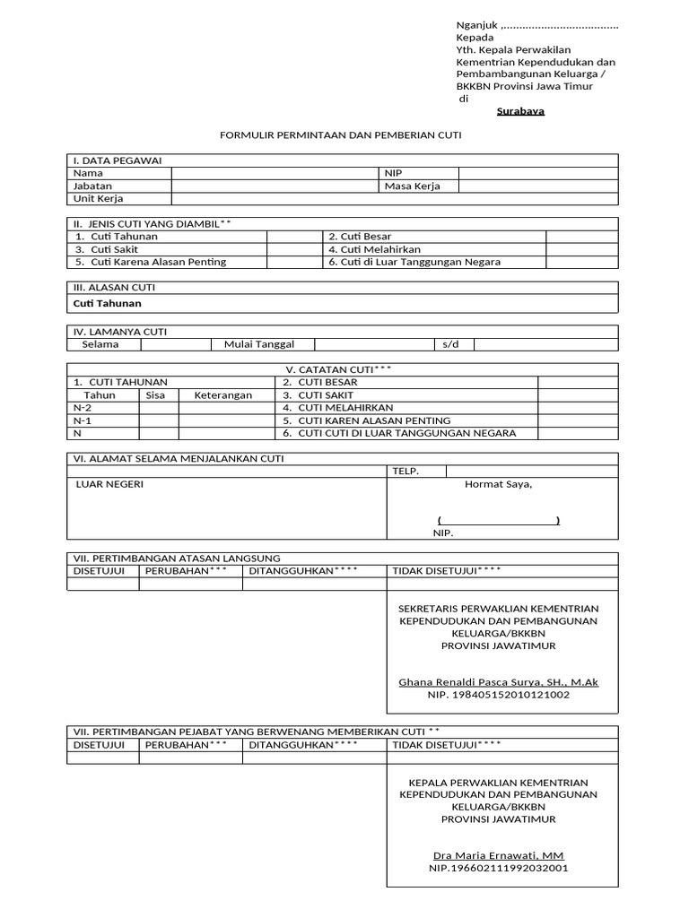 FORM CUTI Non MADYA Kemendukbangga | PDF