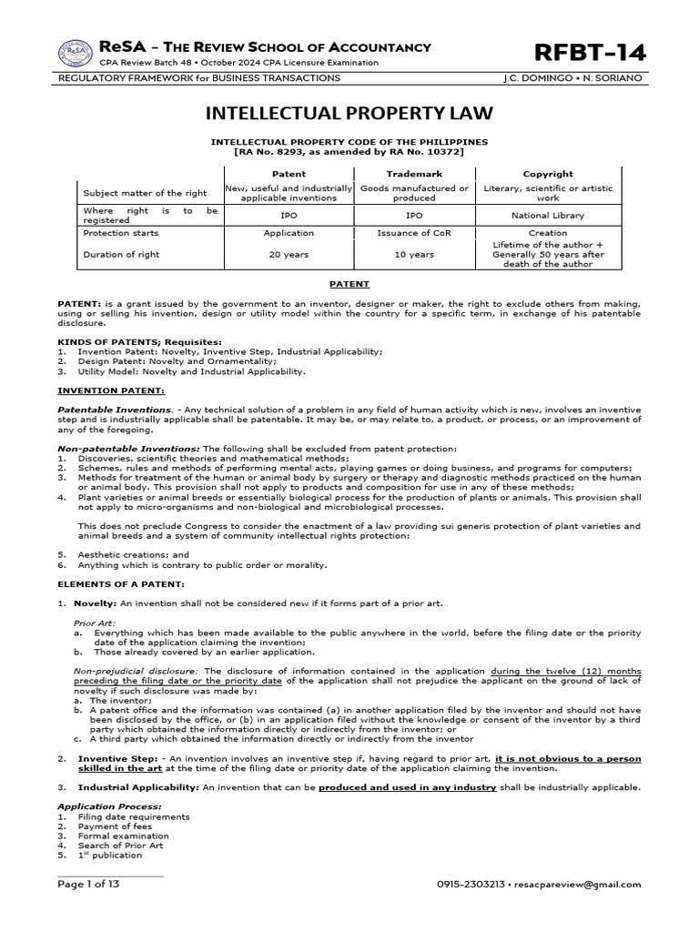 Philippine Intellectual Property Law Guide | PDF | Patent Application ...