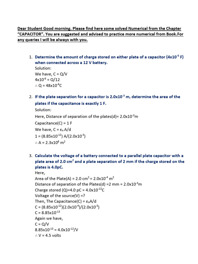 Some Solved Numericals From The Chapter CAPACITOR | PDF | Capacitor | Capacitance