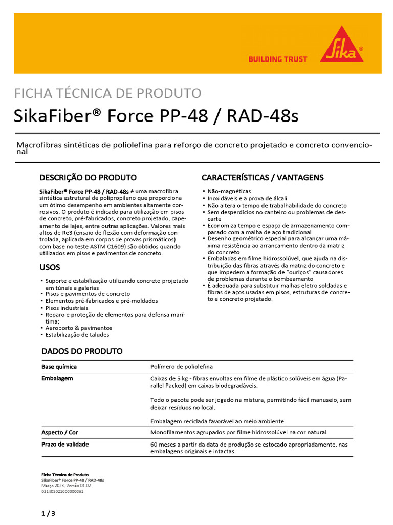 Macrofibras SikaFiber® Force PP-48/RAD-48s | PDF | Desperdício | Concreto