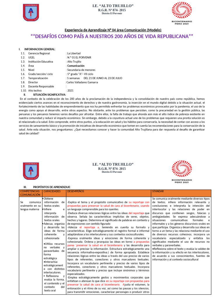 Experiencia 4 - Comu 5to. Modelo para Cada Área | PDF | Aprendizaje | Evaluación